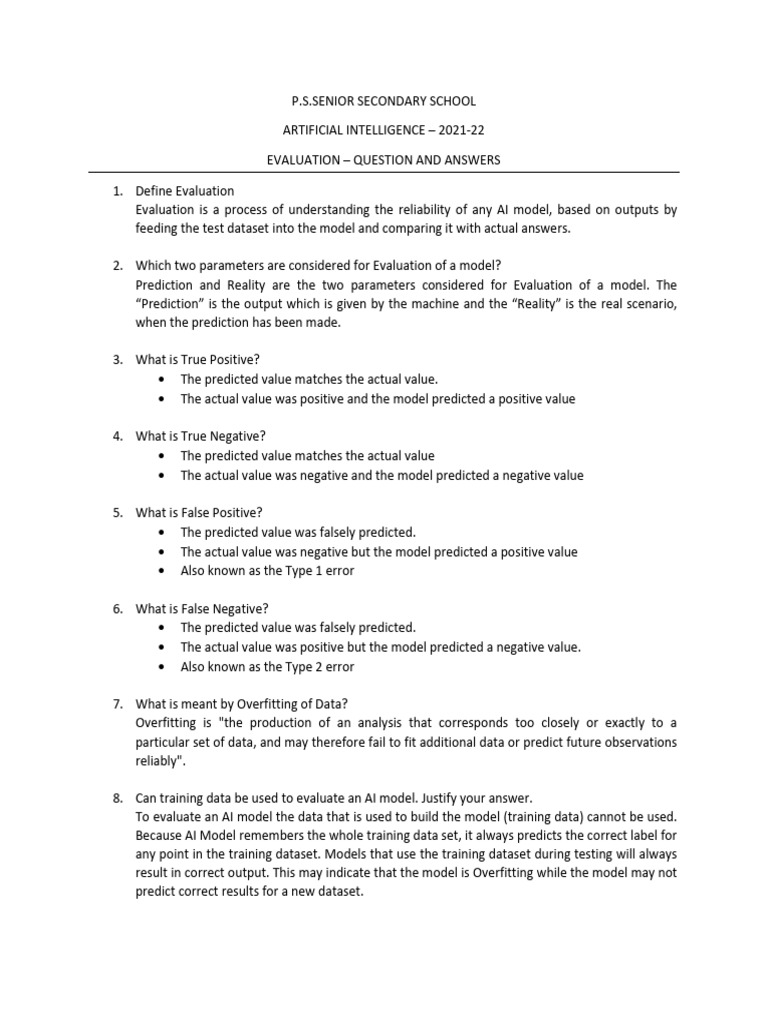 EvaluationQuestions Class 10 Ai | PDF | Accuracy And Precision ...