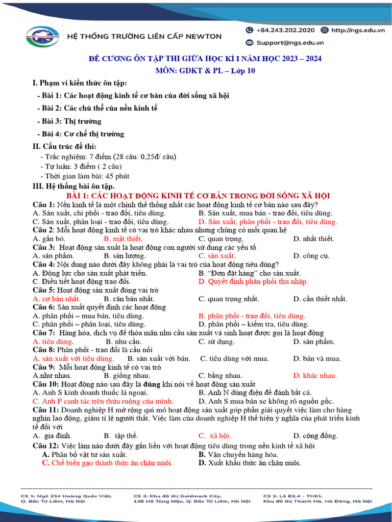 Dap An de Cuong Giua Hki K10 | PDF