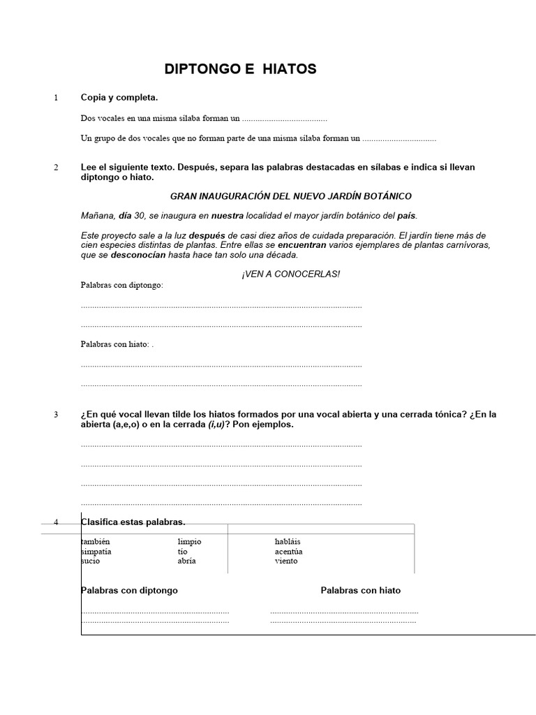 Ejercicios Diptongos e Hiatos | PDF | Voz humana | Fonética