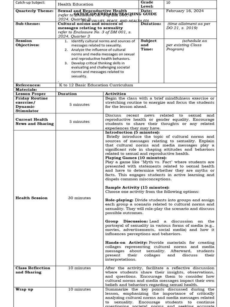 GRADE 10 - Health Ed Catch-Up Plan | PDF | Human Sexuality | Behavior