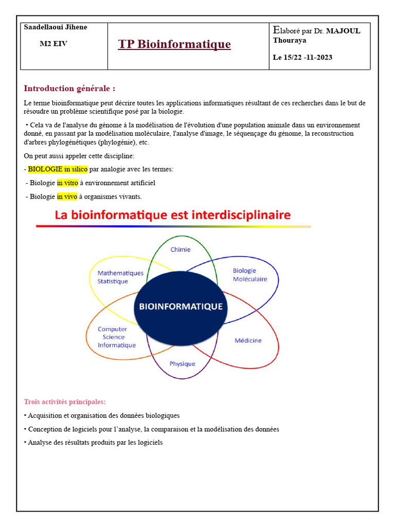 Travaux Pratique de Bioinformatique | PDF