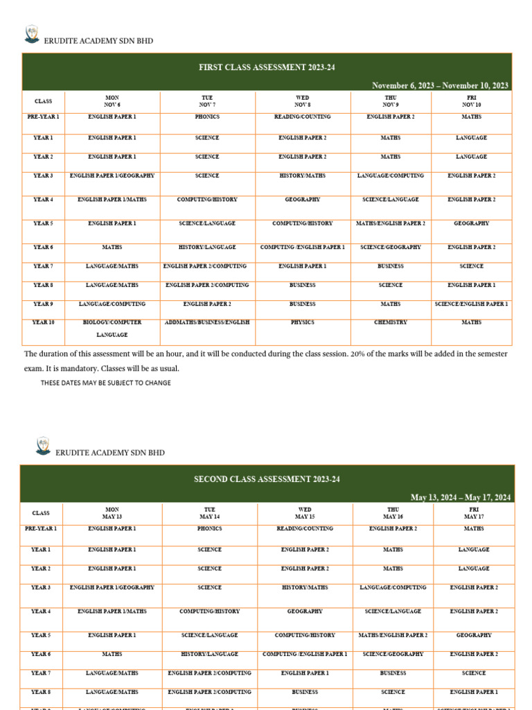 Class Assessment Timetable 2023-24 | PDF