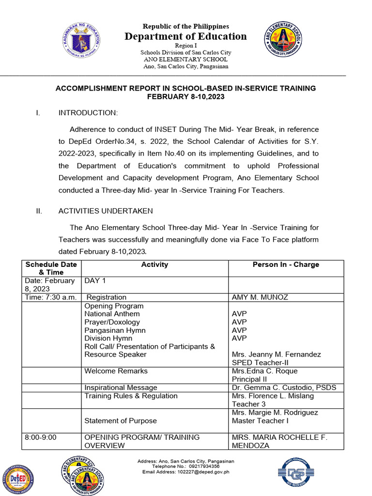 INSET Training Report for Teachers 2023 | PDF | Email | Internet