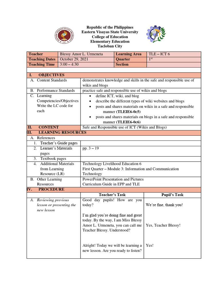 A Detailed Lesson Plan in TLE ICT 6 PDF | PDF | Wiki | Educational ...