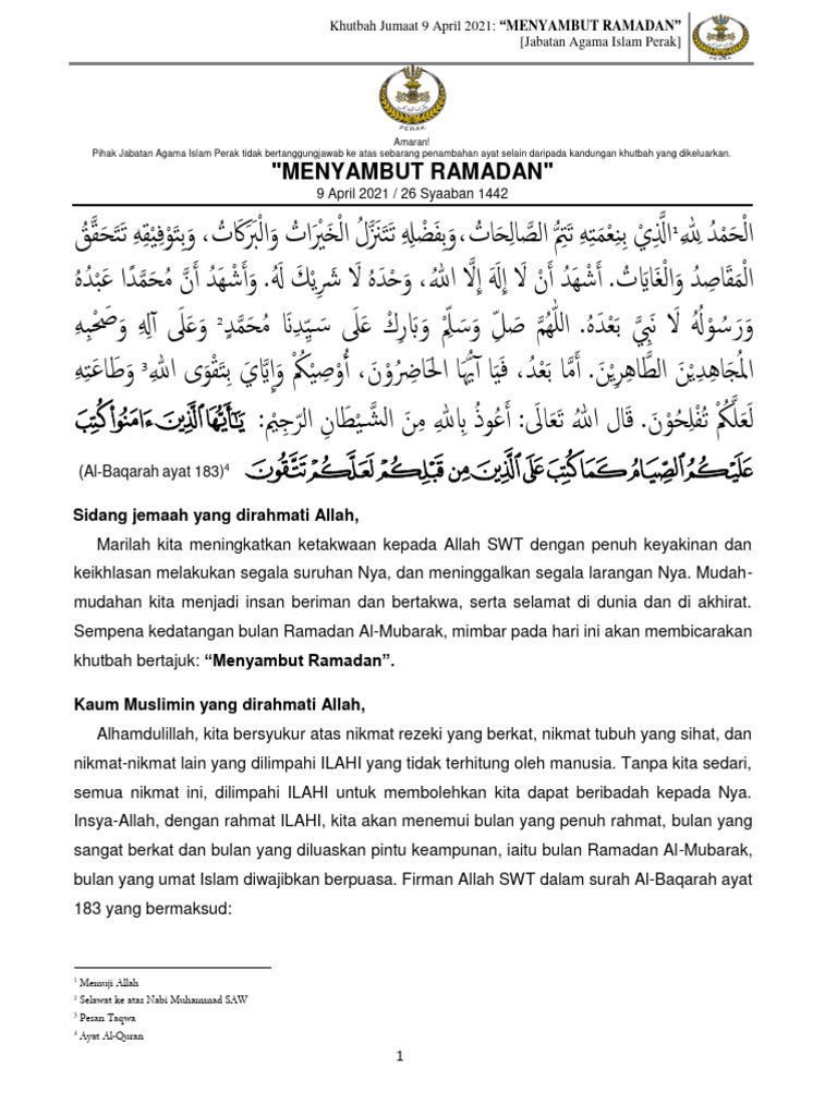 Khutbah Jumaat 9 April 2021 Menyambut Ramadan RUMI | PDF