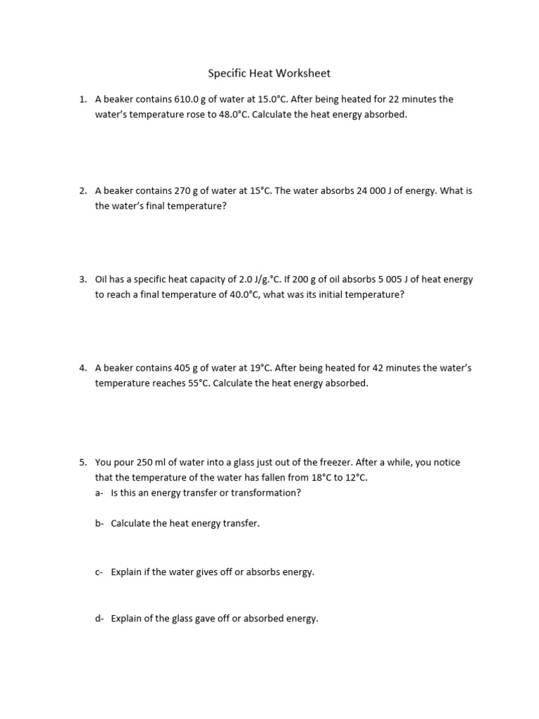 Specific Heat Worksheet | PDF