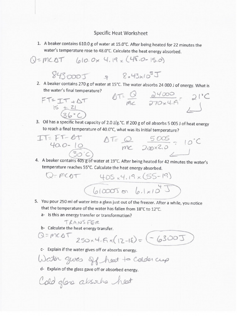 Specific Heat Worksheet Answers | PDF