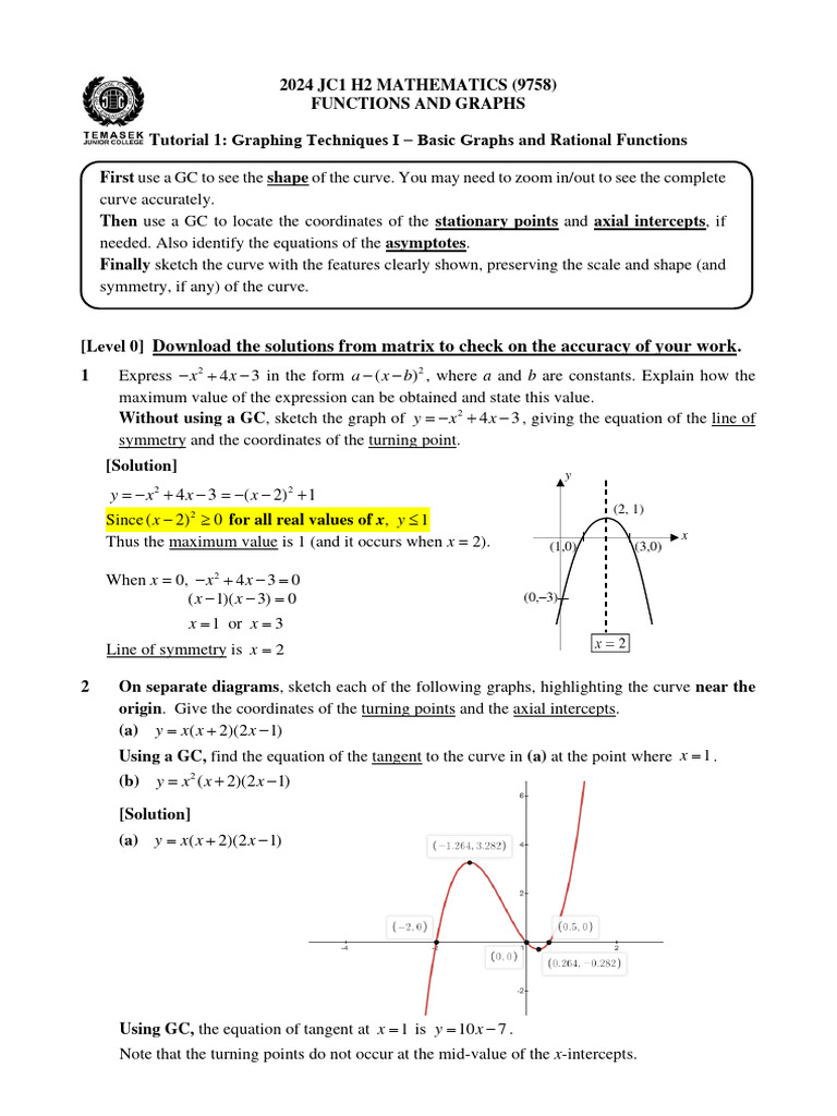 2024 Tutorial 1 Graphing Techniques I Level 0 (Solutions) | Download Free PDF | Asymptote | Tangent