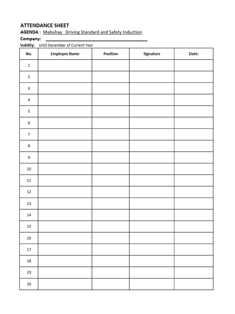 Attendance Sheet Driving Standard and Safety Induction | PDF
