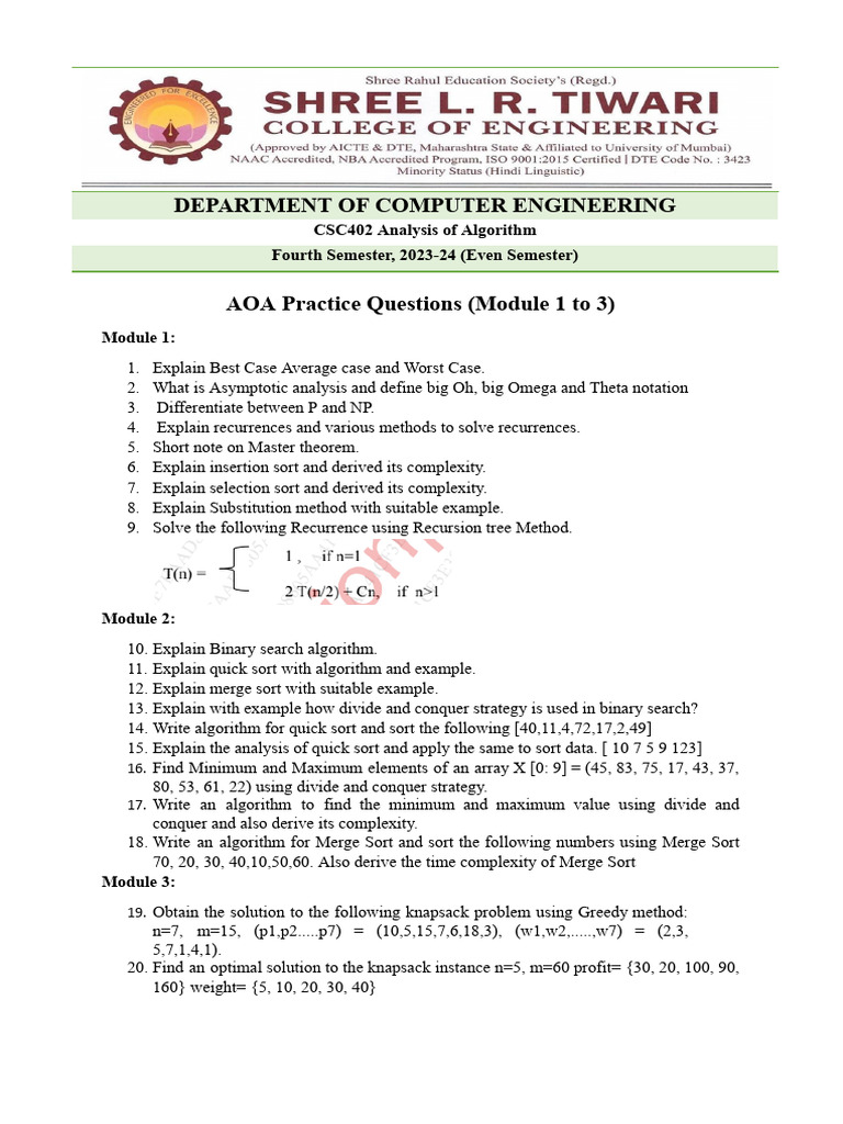 AOA - Practice - Questions - Module 1 To 3 | PDF