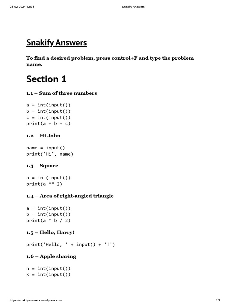 Snakify Answers | PDF | Elementary Mathematics | Numbers