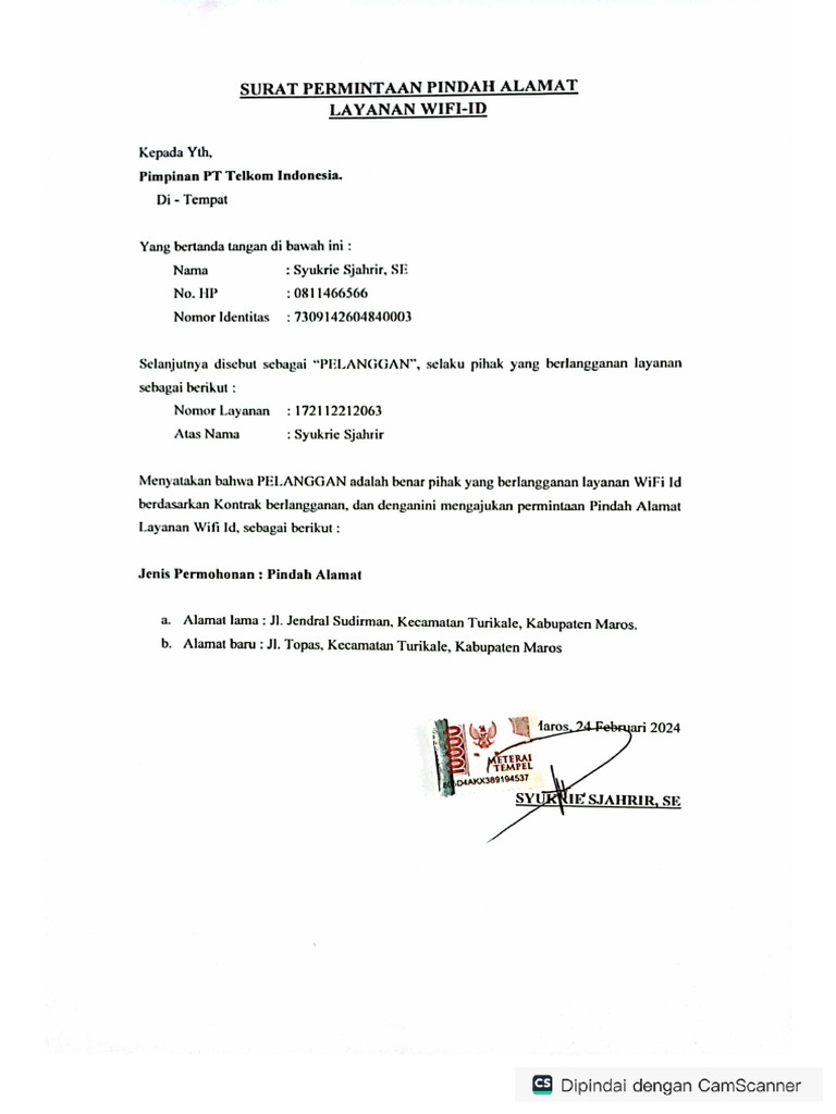 Contoh Surat Pidah Alamat Wifi | PDF