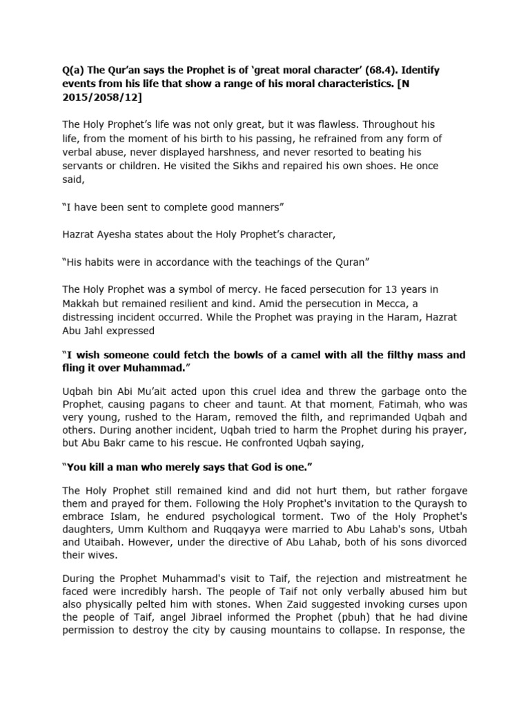 Holy Prophet As A Model of Excellence | PDF