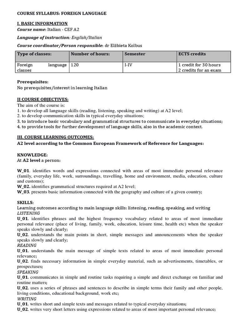 Course Syllabus Italian A2 | PDF | Vocabulary | Information