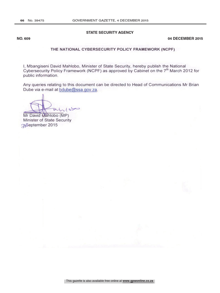 South African National Cybersecurity Policy Framework Pdf