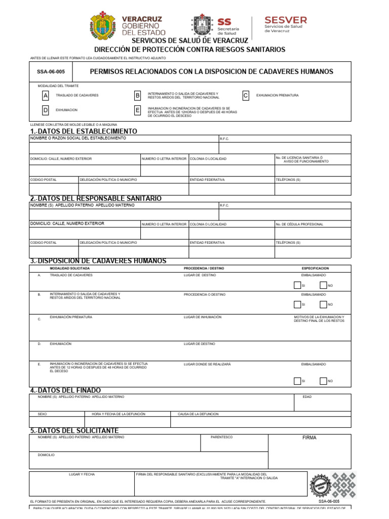 Formato SSA 06 005 Permisos Relacionados Con Disposicion de Cadaveres 1 ...