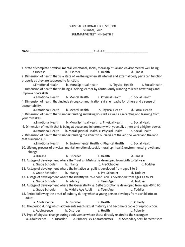 Health 7 Summative Test Guide | PDF | Wellness | Lifestyle