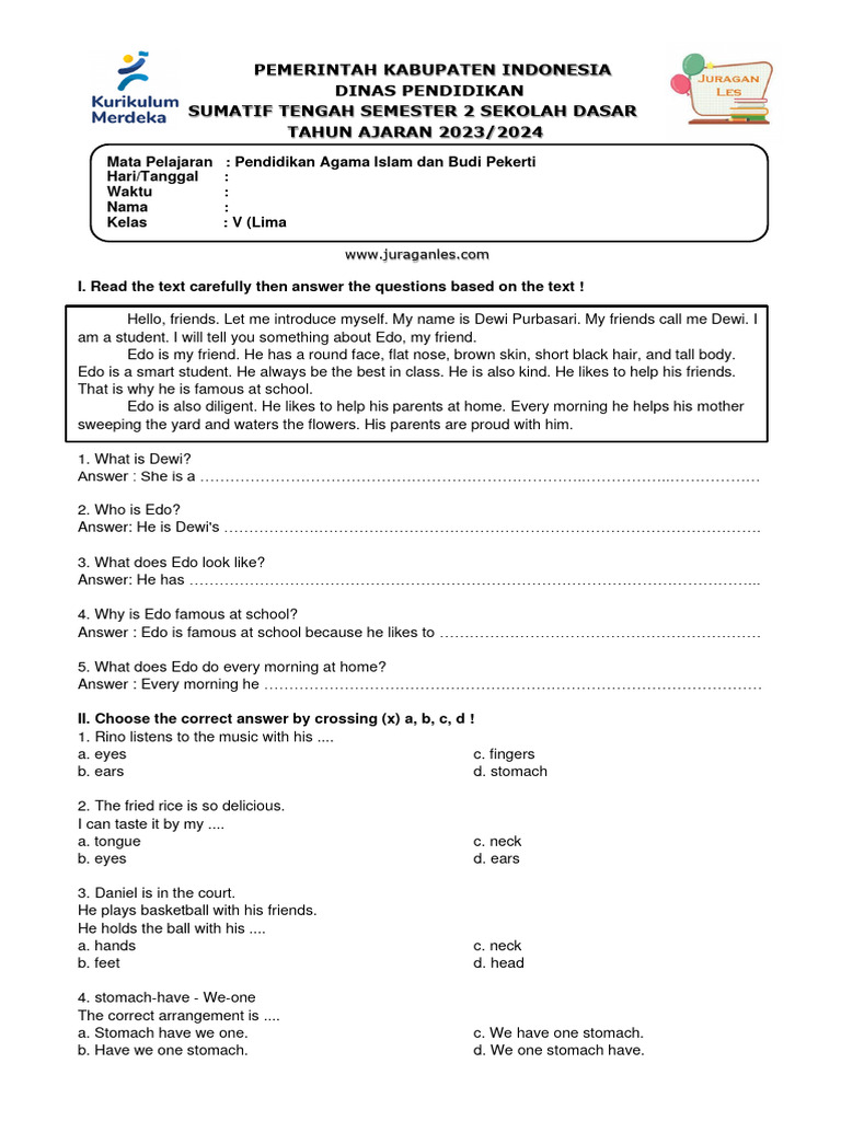 Soal PTS-STS Bahasa Inggris Kelas 5 Semester 2 Kurikulum Merdeka T.A 2023-2024 | PDF | Anatomy ...