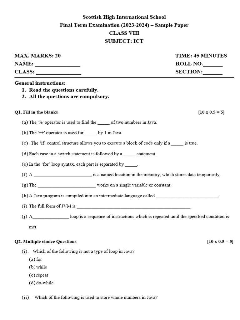 Grade VIII ICT Final Java Sample Paper | Download Free PDF | Object ...