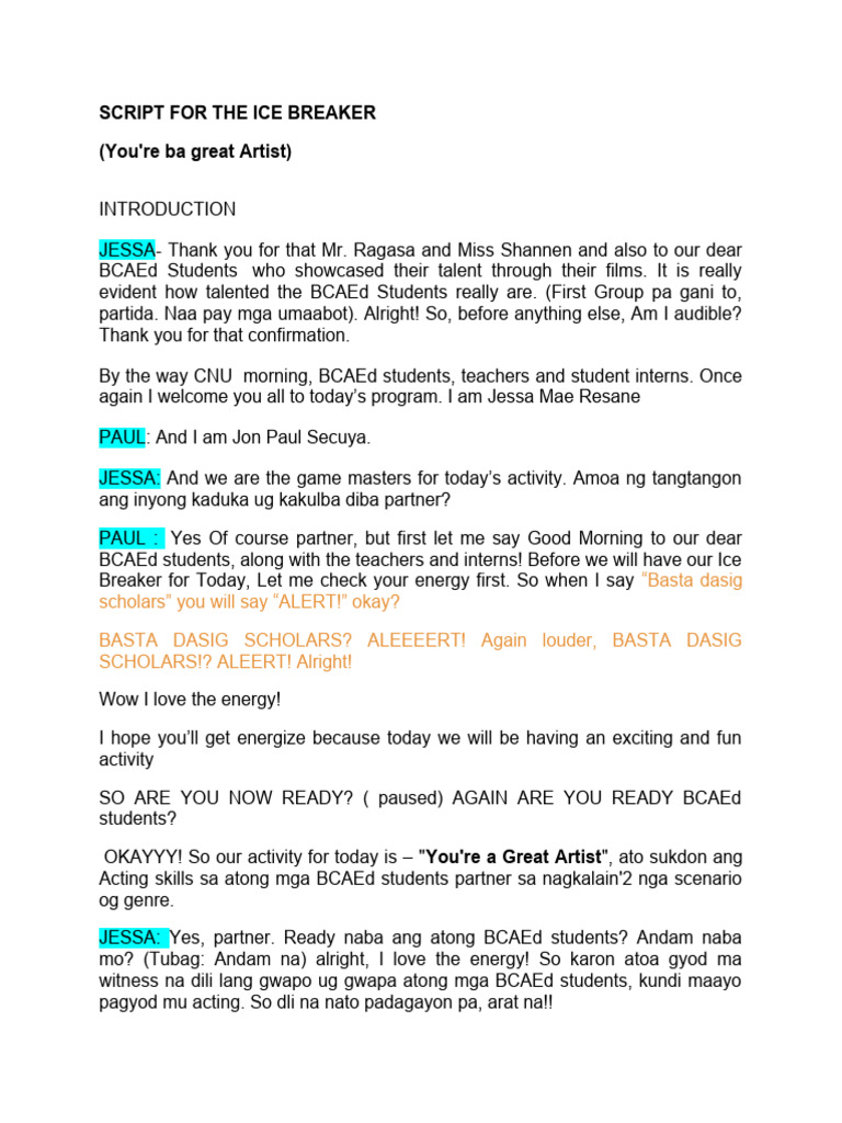 Script For The Ice Breaker | PDF
