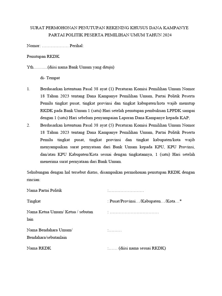 Format Surat Permohonan Penututupan RKDK Parpol | PDF | Hukum
