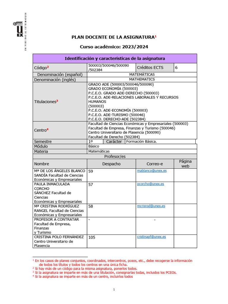 Plan Docente 23 - 24 | PDF | Determinante | Matriz (Matemáticas)
