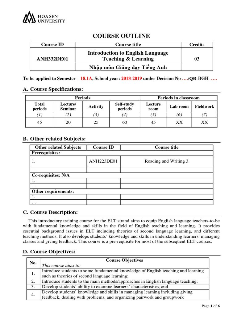 Course Outline Introduction To Eltl Anh332de01 Hk19.2a | PDF | Teaching ...