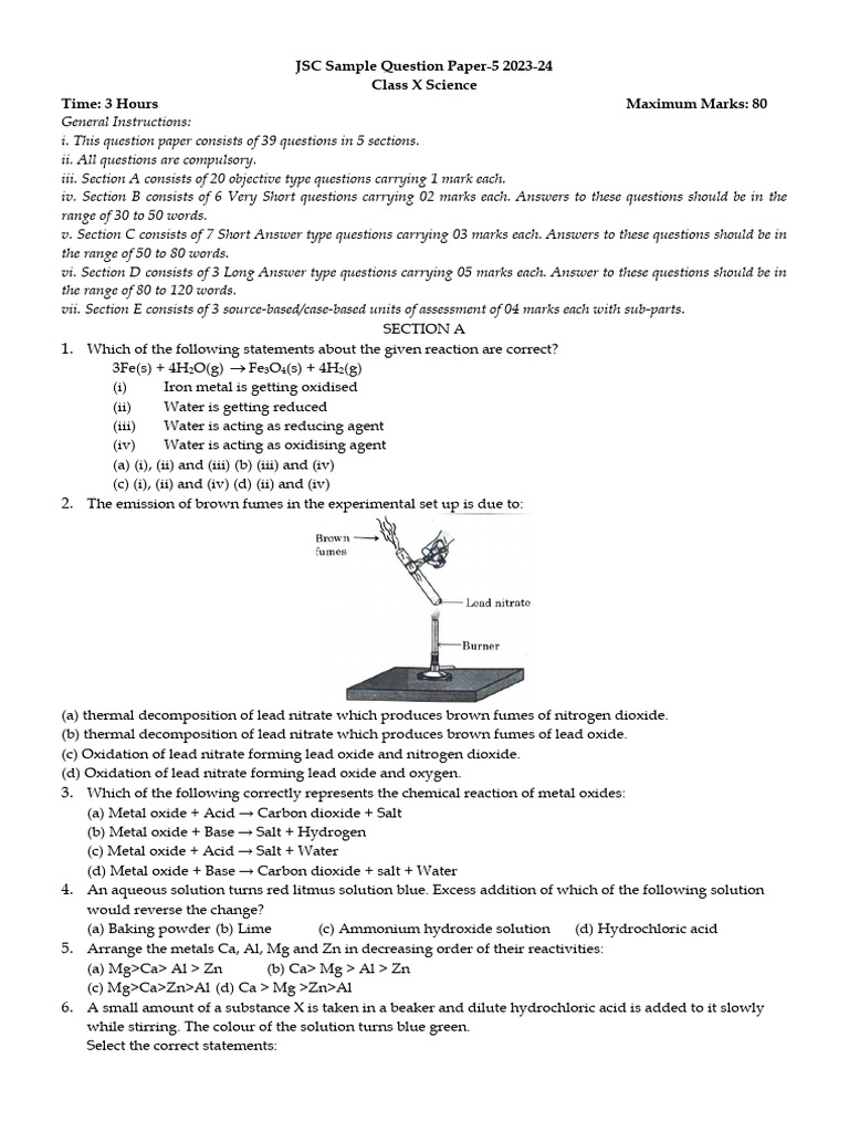 JSC Class X Science Question Paper 2023-24 | PDF | Blood Pressure | Oxide