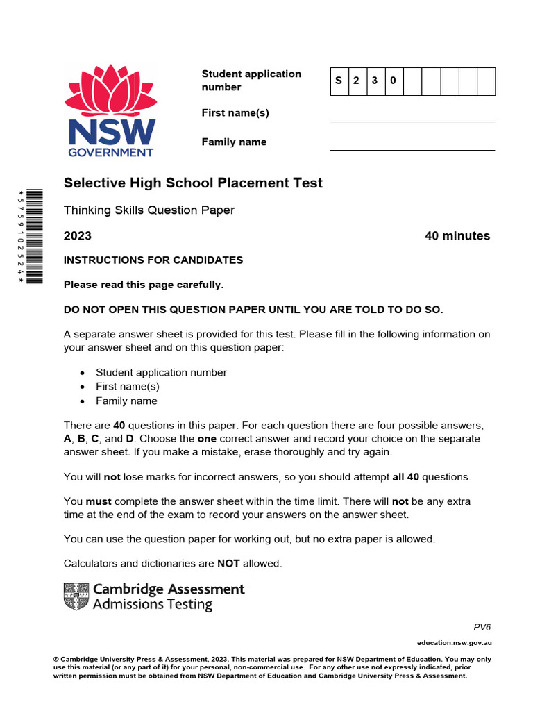 2023 Selective High School Test Paper | PDF | Weather | Sky
