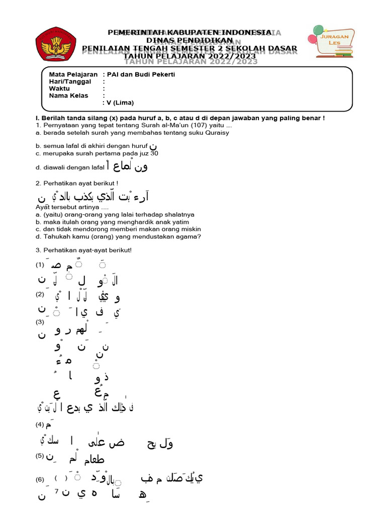 Soal PTS PAI Kelas 5 Semester 2 T.A 2022-2023 | PDF