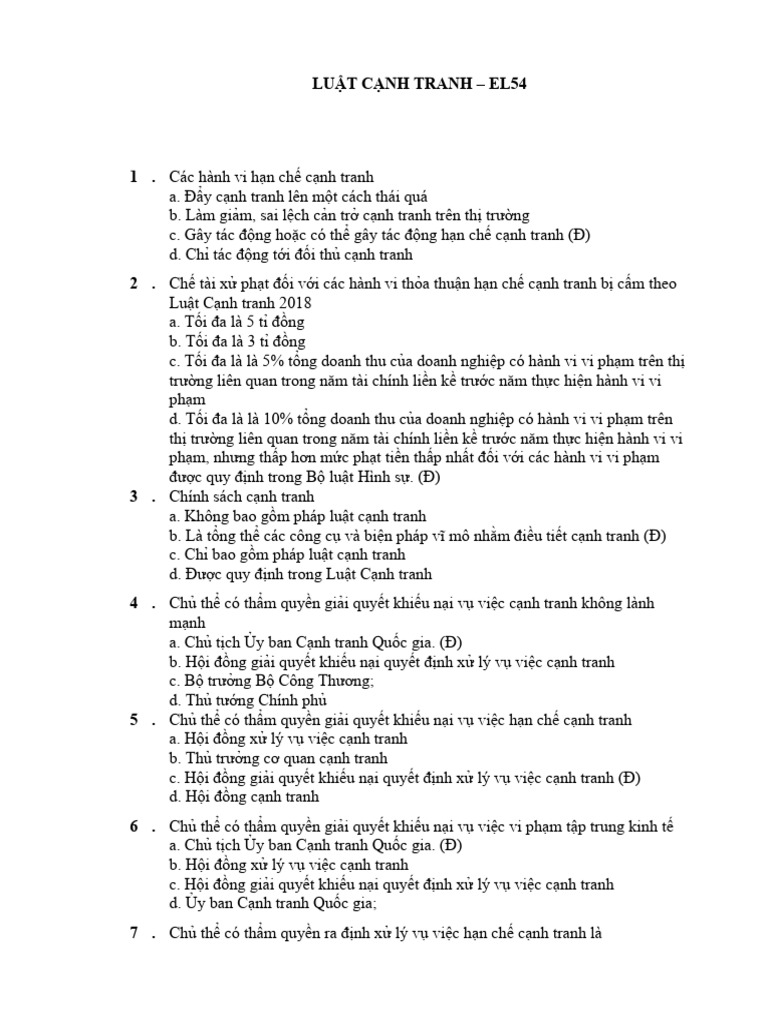 (123doc) - Dap-An-180-Cau-Trac-Nghiem-Mon-El54-Luat-Canh-Tranh-Ehou | PDF