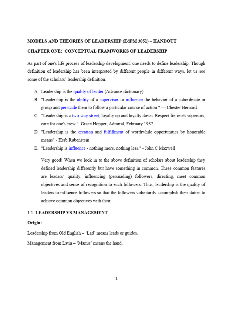 Handout of Models & Theories of Leadershop | PDF | Leadership ...