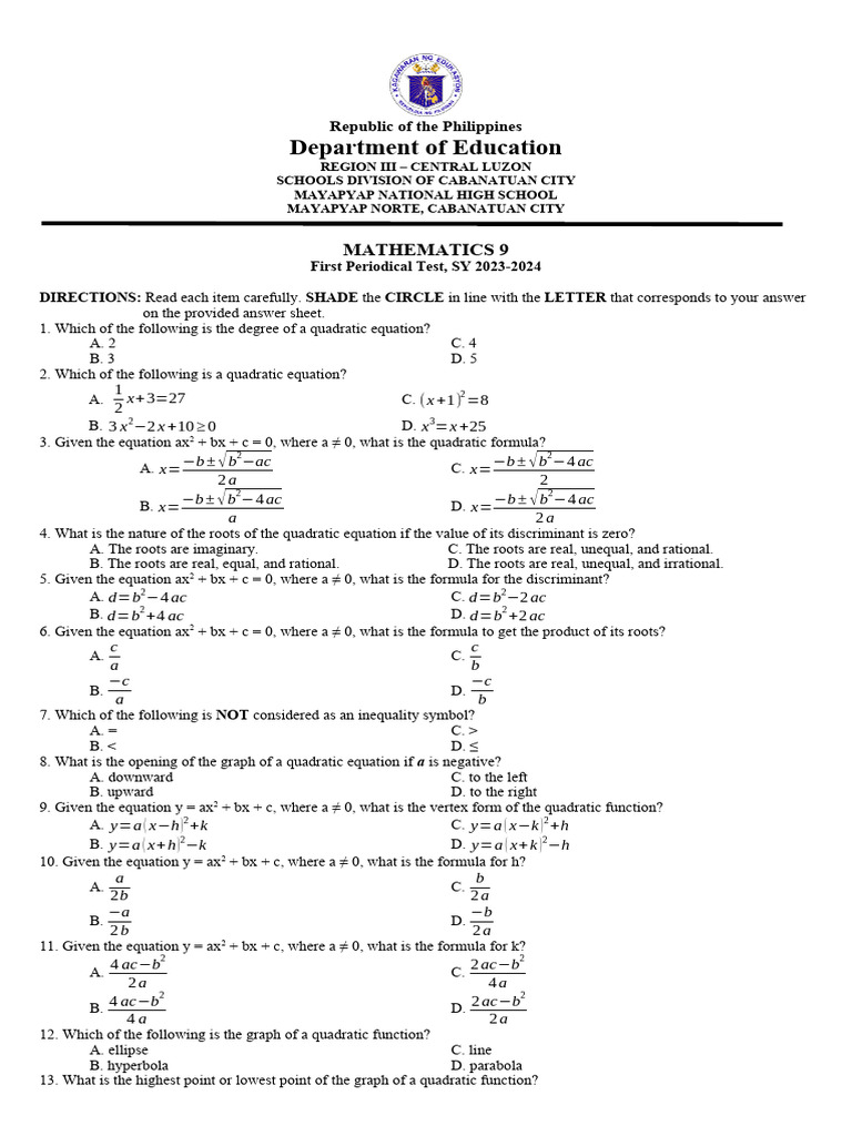 Math Test for Grade 9 Students | PDF | Teaching Methods & Materials