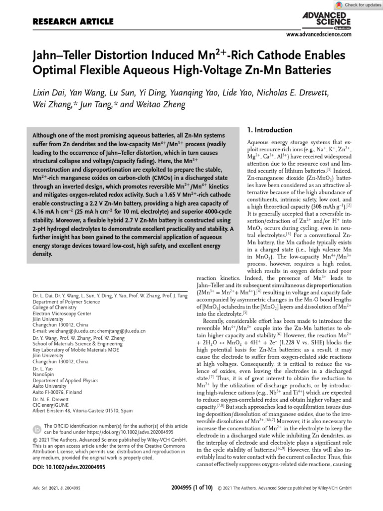 Jahn Teller Distortion Induced Mn2 Rich Cathode Enables Optimal Flexible Aqueous High Voltage ZN ...