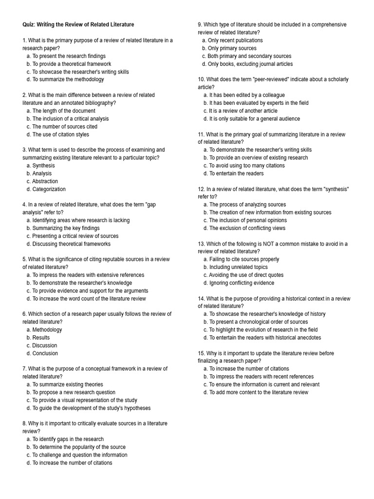 Quiz on Literature Review Essentials | PDF | Citation | Science