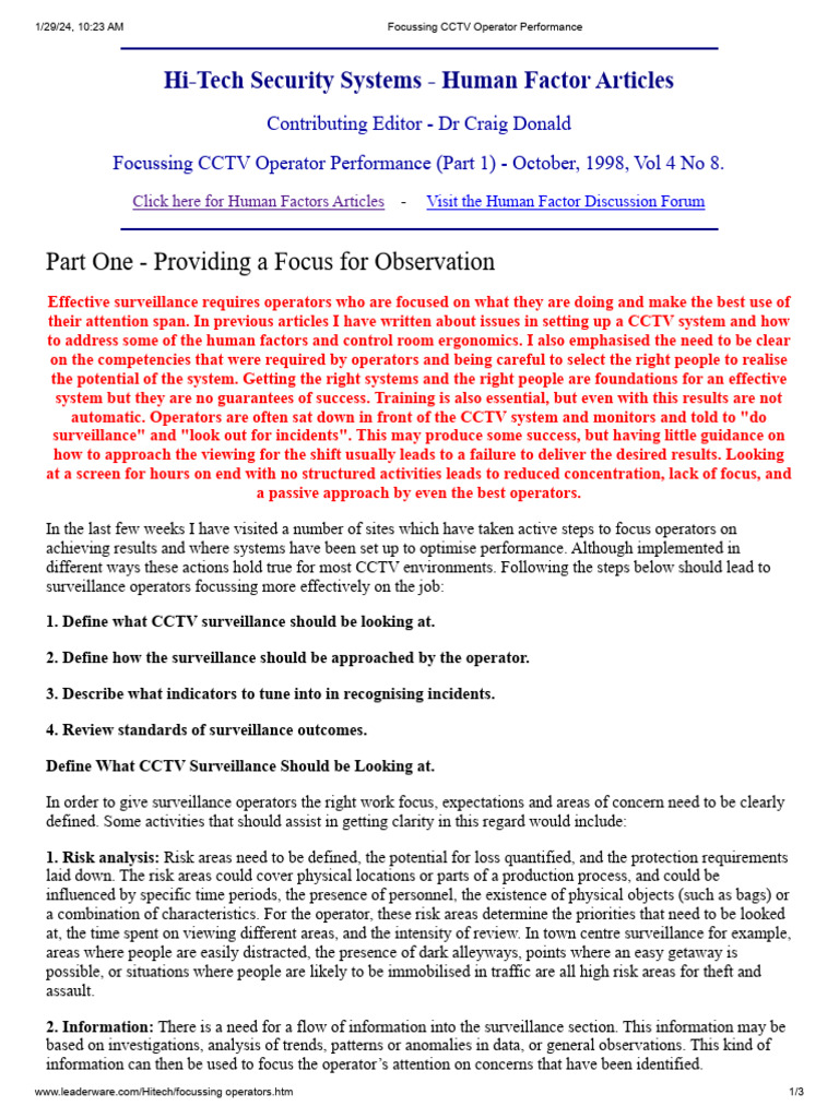 Focussing CCTV Operator Performance | PDF | Human Factors And ...
