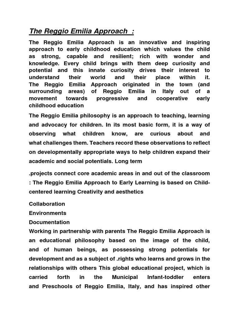Reggio Emilia Approach | PDF | Teachers | Learning