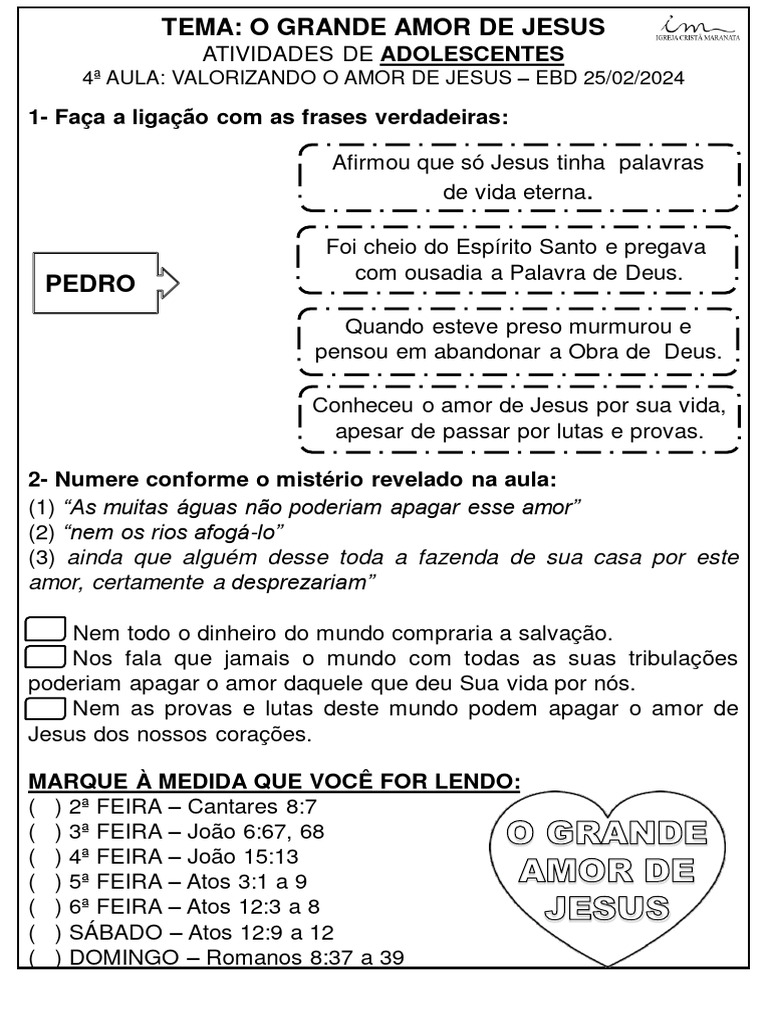 4a Aula - Atividade - ADO - O Grande Amor de Jesus - Valorizando o Amor de Jesus - Fevereiro ...
