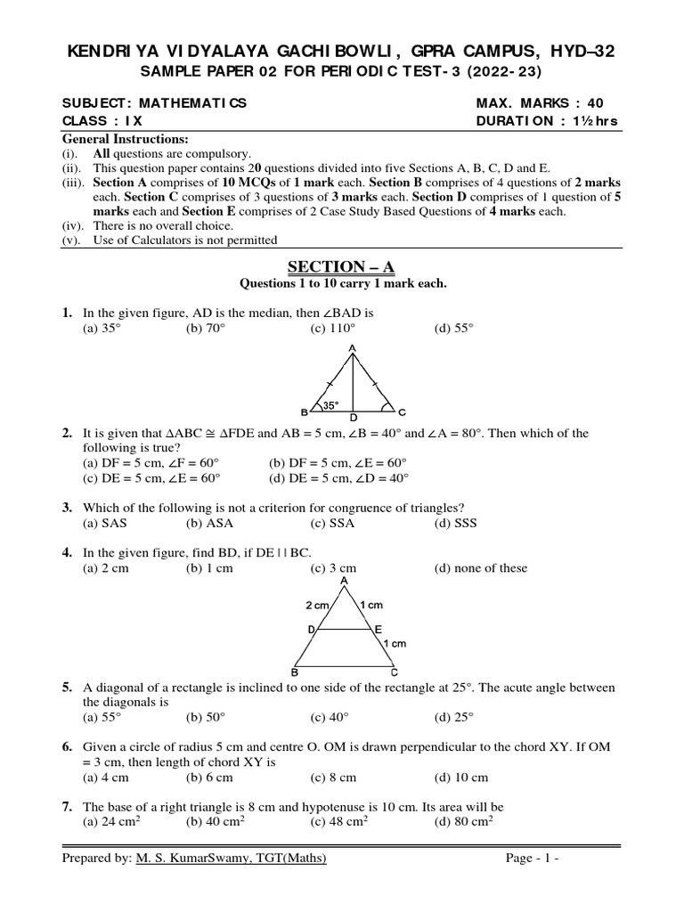Maths Class Ix pt3 Exam 2022 Sample Paper 02 | PDF | Area | Geometry