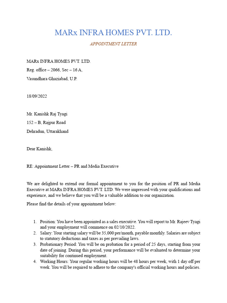 Appointment Letter Kanishk | PDF