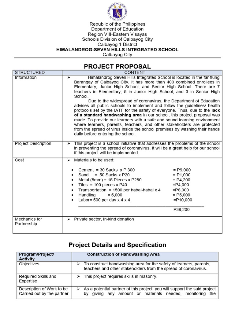 Handwashing Area Project Proposal | PDF