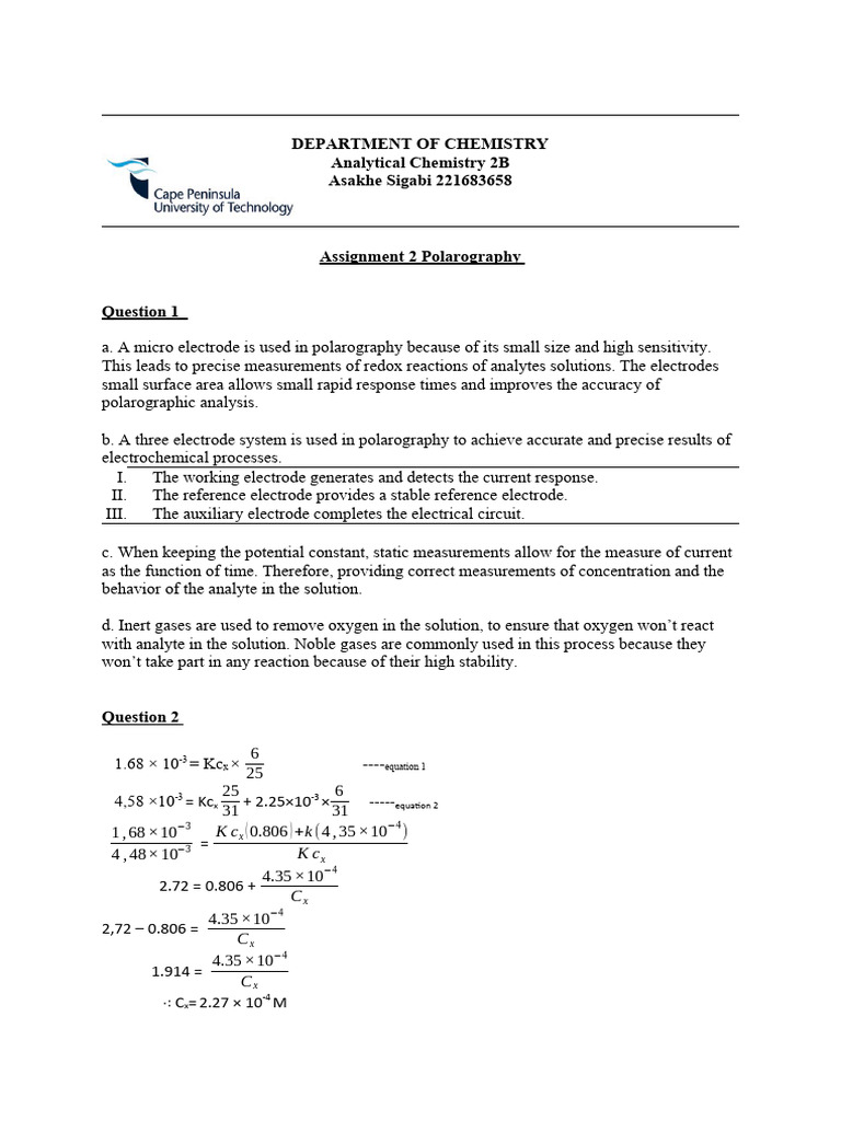 Analytical Chemistry Assignment 2. 221683658 (1) (Recovered) | PDF | Electrode | Electrochemistry
