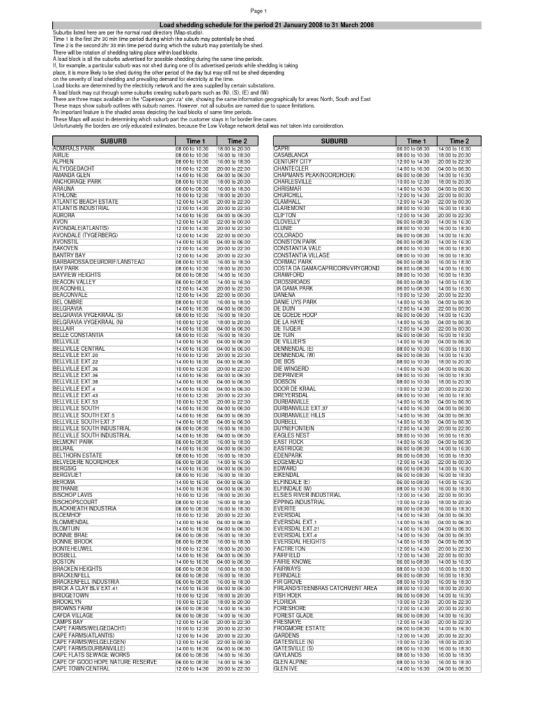 Load Shedding Schedule Cape Town Jan To Mar 2008 Listb | PDF ...