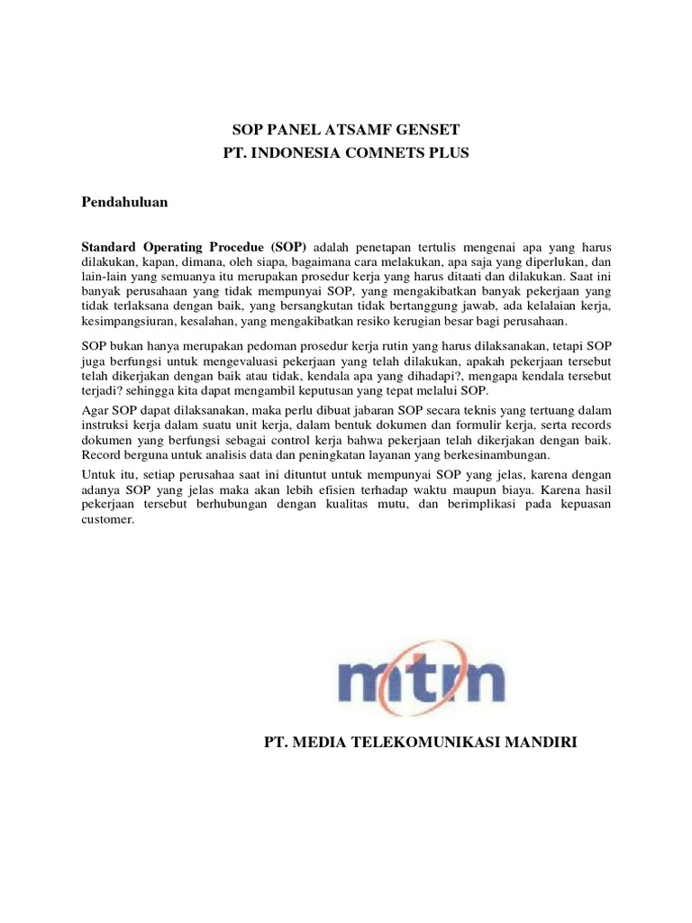 Sop Panel Atsamf Genset Icon + | PDF
