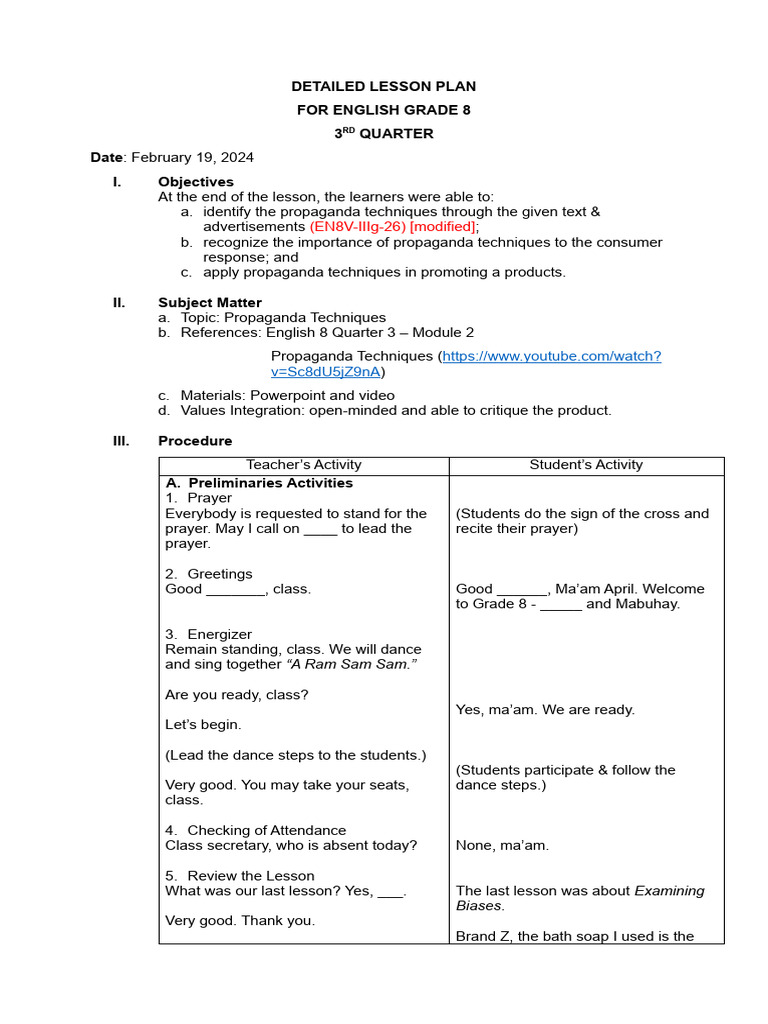 Detailed Lesson Plan For Grade 8 Sample | PDF