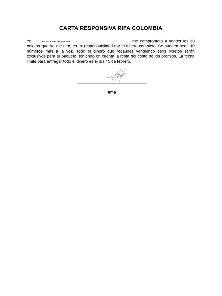 Carta Responsiva Rifa Colombia | PDF