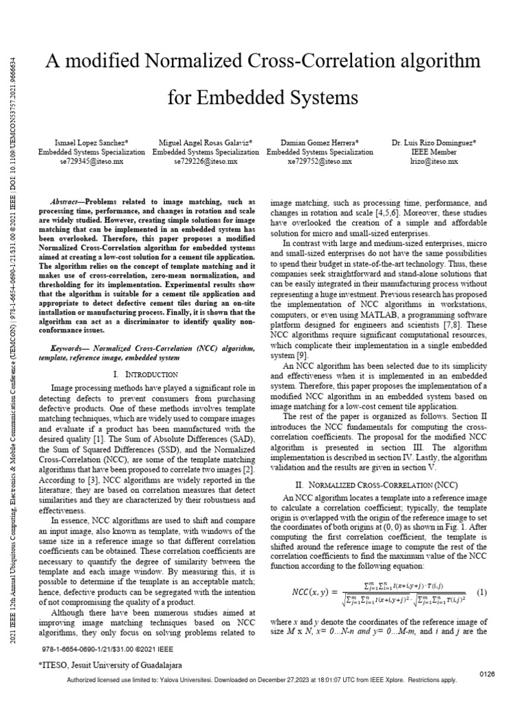 A Modified Normalized Cross Correlation Algorithm For Embedded Systems Pdf 
