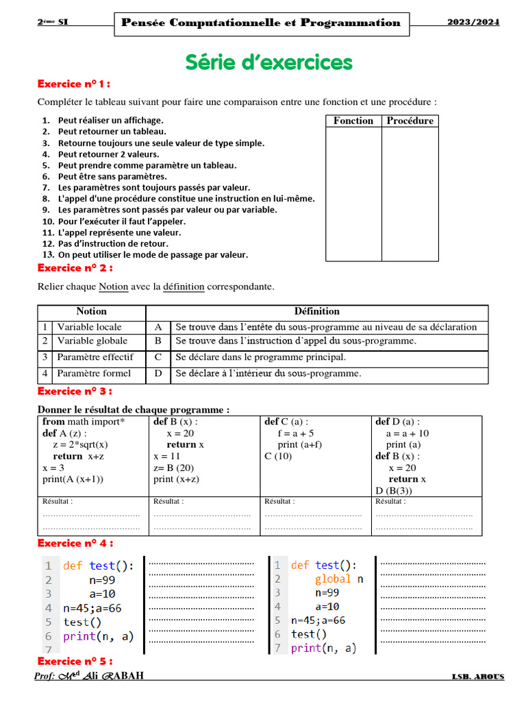 Les Fonctions Et Procédures en Algorithme | PDF | Paramètre (Programmation informatique ...