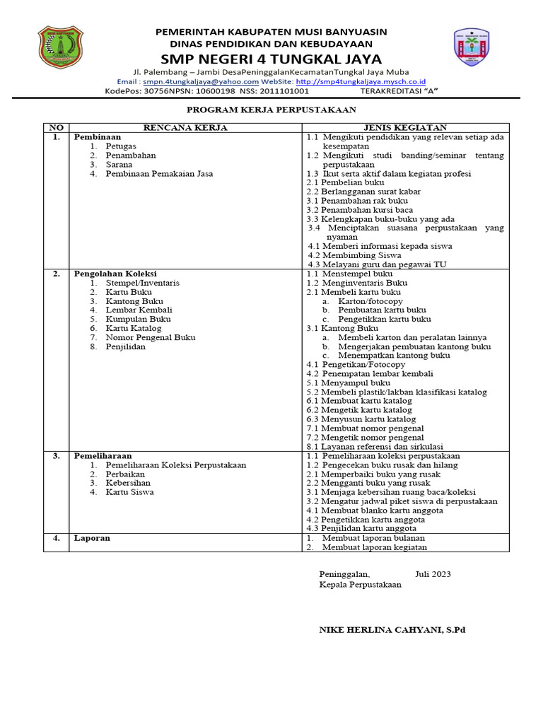 Program Kerja Perpustakaan 2021 | PDF