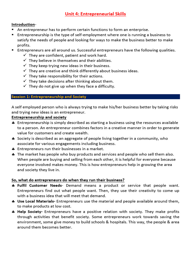 Unit 4 - Entrepreneurial Skills | PDF | Business